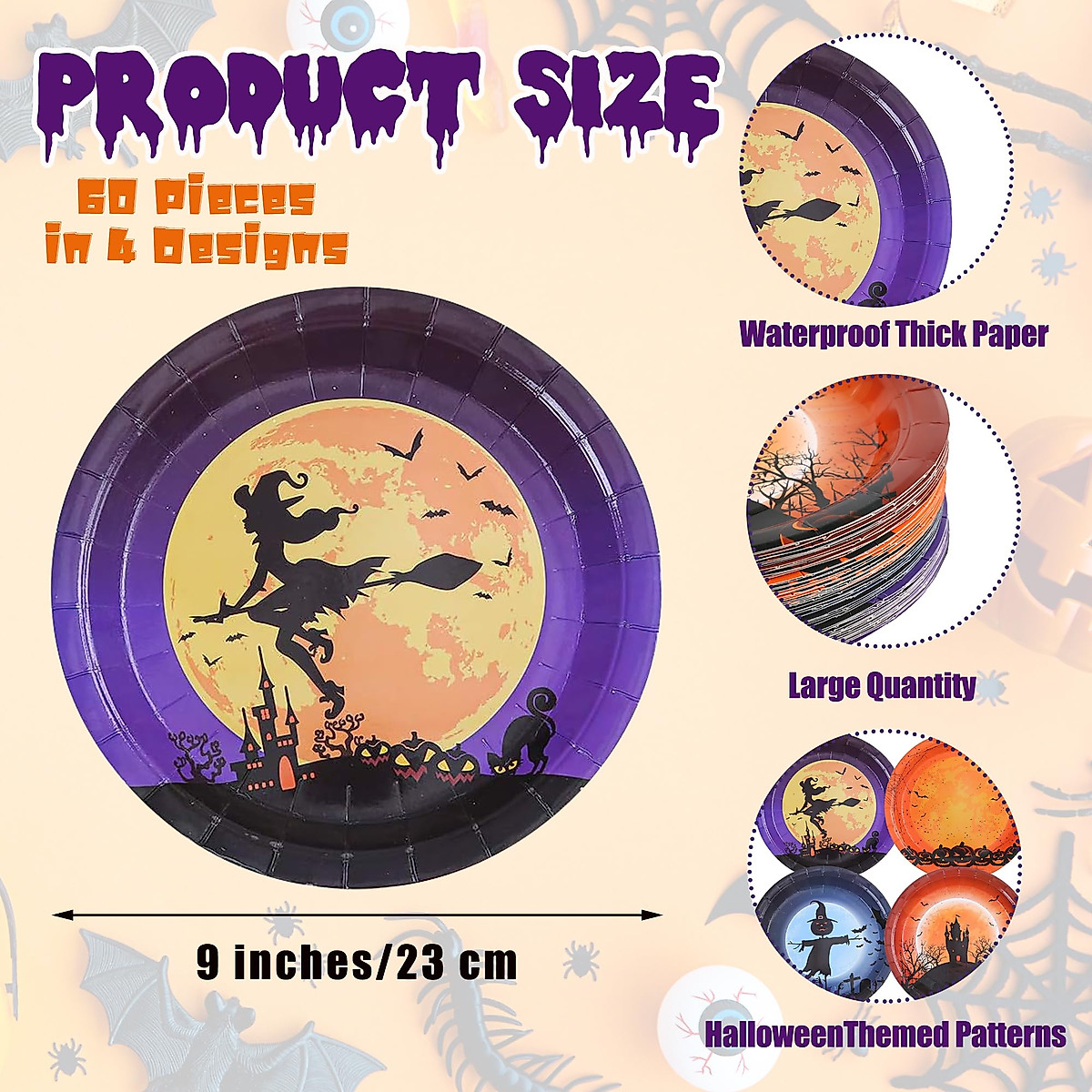 Aneco 60 Pieces Halloween Party Plates Paper Plates Disposable Plates Round Plates Party Supplies for Halloween Party, 9 Inches