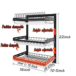 Ctystallove 3 Tier Black Stainless Steel Dish Drying Rack Fruit Vegetable Storage Basket with Drainboard and Hanging Chopsticks Cage Knife Holder Wall Mounted Kitchen Supplies Shelf Utensils Organizer