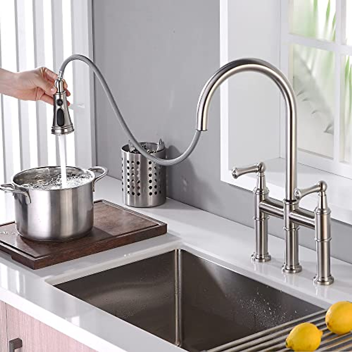 ARRISEA Heritage Bridge Kitchen Faucet with Pull-Down Sprayhead 2 Handle 8 Inch Faucet for Kitchen Sinks 3 Hole Install Kitchen Sink Faucet Fingerprint Resistant Spot Free Brushed Nickel