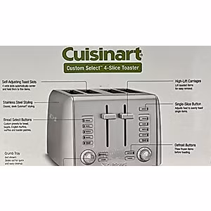Cuisinart Bread, Bagel, English Muffin, Frozen Waffle and Pastry, 4-Slot Version with High Lift Carriage,7 Shade settings,4-Slice Custom Select Toaster