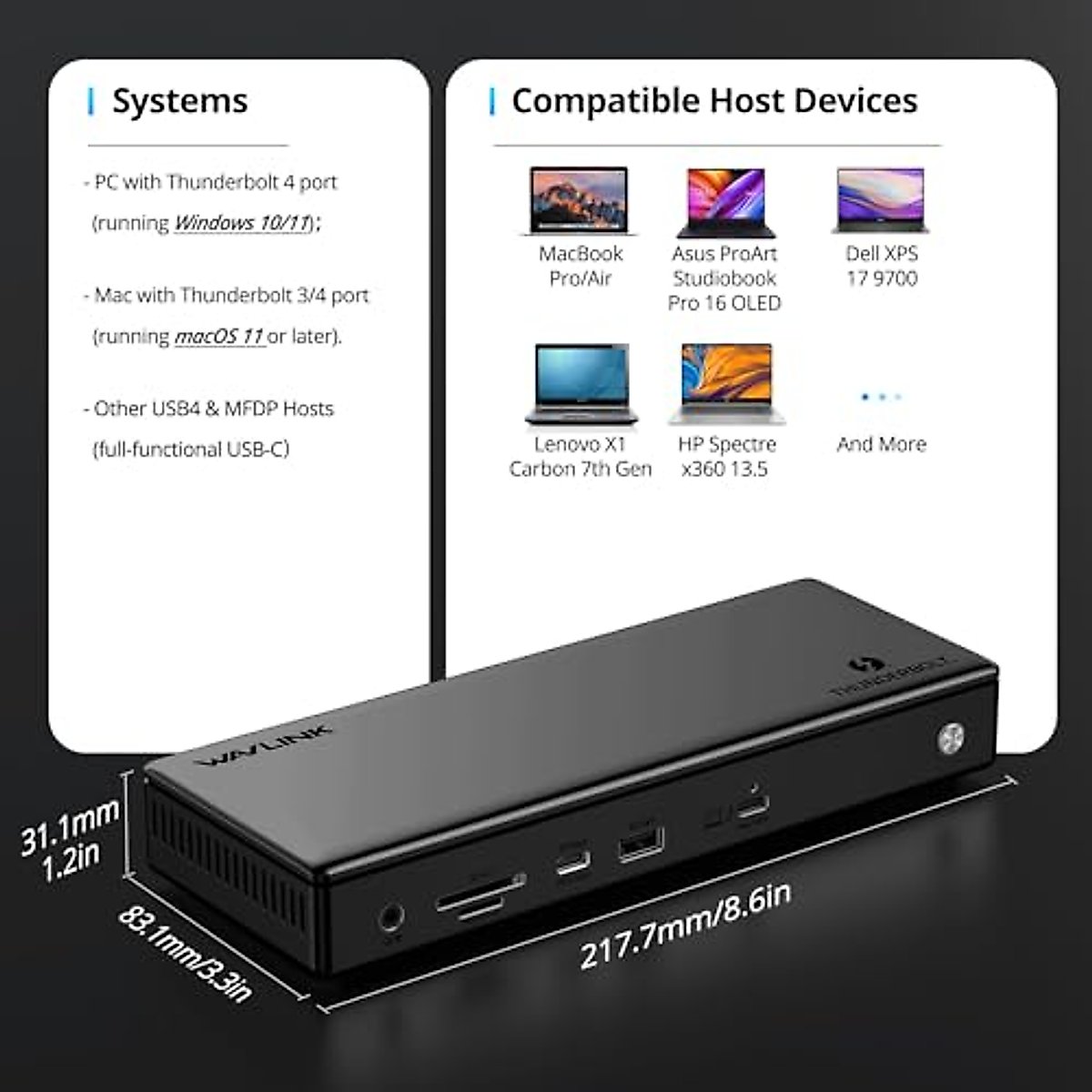 WAVLINK Thunderbolt 4 Hub with Dual HDMI 4K@60Hz,100W Charging, Thunderbolt Certified, 13-in-1 Thunderbolt 4 Dock Dual Monitor Single 8K Output for Windows or Mac, 4X USB, 2.5G Ethernet,SD/MicroSD