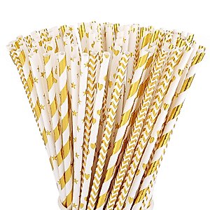 ALINK Biodegradable Gold Paper Straws Bulk, Pack of 100 Metallic Foil Striped/Wave/Heart/Star Straws for Birthday, Wedding, Bridal/Baby Shower, Celebrations and Party Supplies