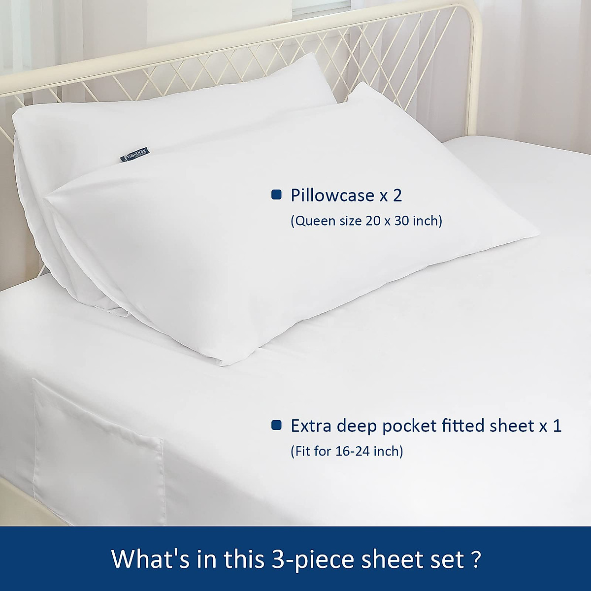 Extra Deep Pocket Air Mattress White Sheets Twin Size - 3Pcs Side Storage Pocket Fitted Sheet & Pillowcase Twin Deep Pocket Sheet Sets Easily Fits for Kids 16in to 24in Pillow Top Air Bed