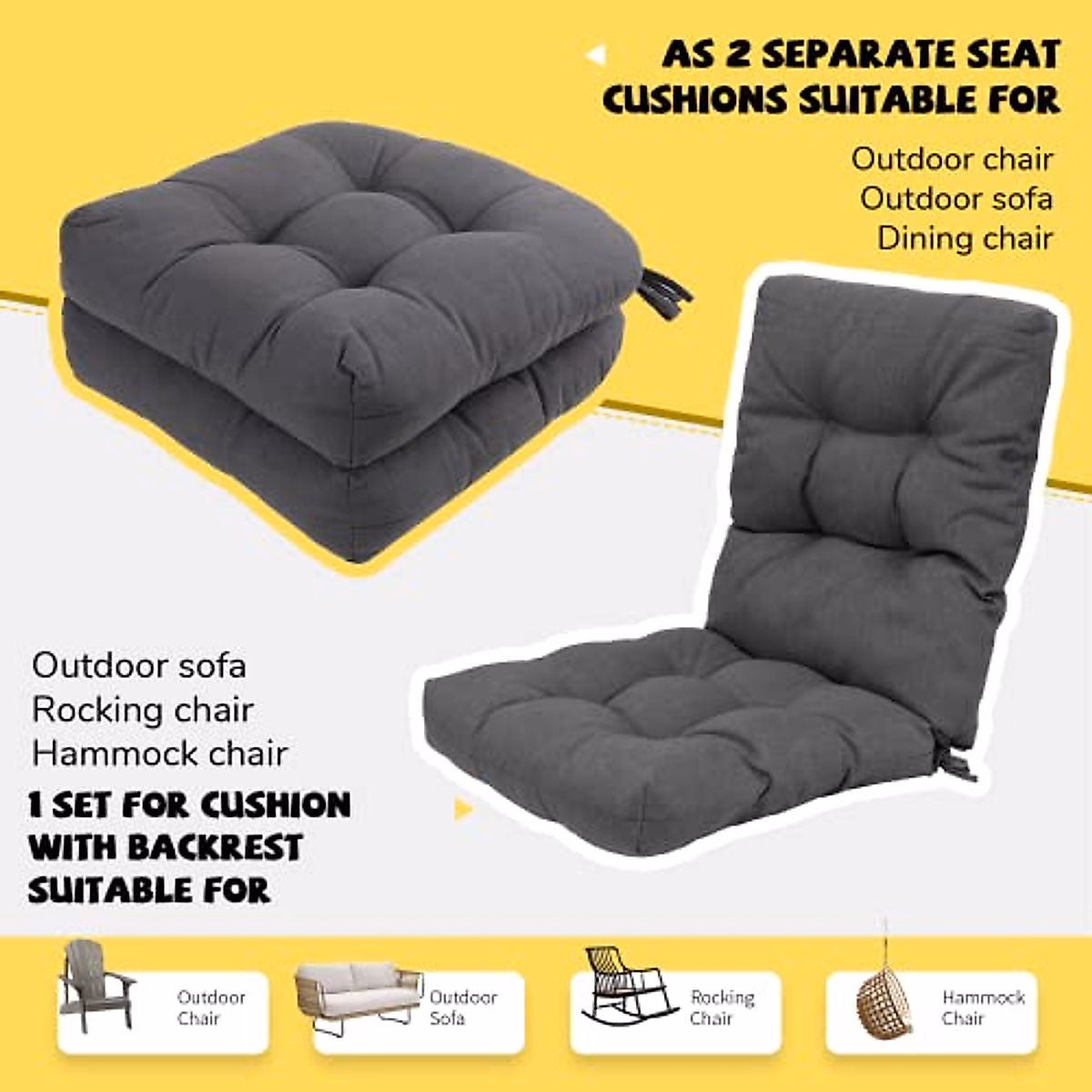 RACLVAY Outdoor Chair Cushions, Outdoor Cushions, Patio Chair Cushions, Indoor Full-Length Ties for Non-Slip Support, Premium Comfortable Thick Fiber, Set of 2 (Grey, 17x17 Inch)