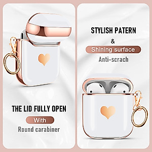 Maxjoy Compatible with Airpods Case,for Airpods 2nd Generation Case Cute Electroplating with Gold Heart Pattern with Lanyard Shockproof Cover for Girls Woman Airpods 2 &1-White