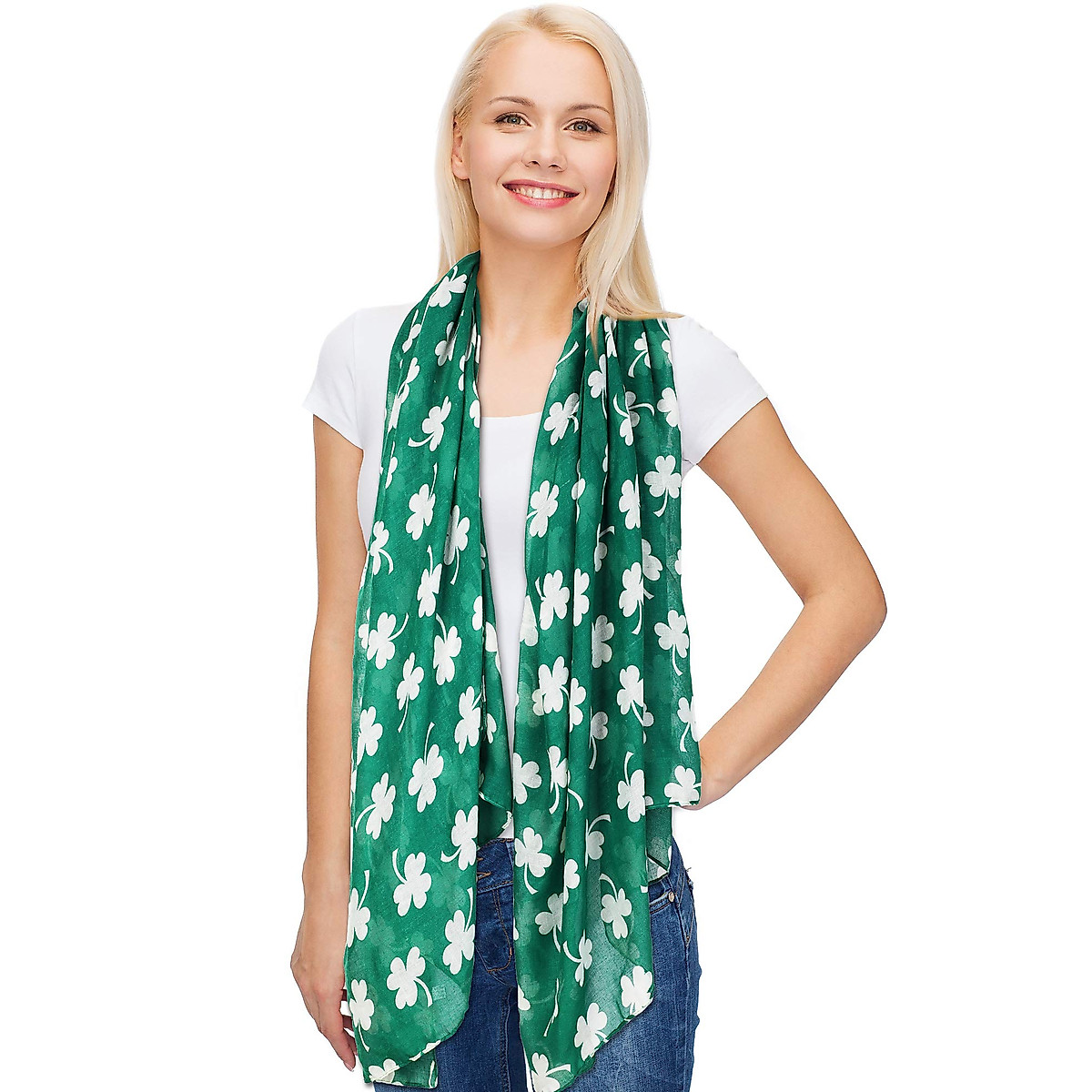 Skylety St. Patrick's Day Printed Scarf Long Shamrock Shawl Irish Theme Scarf for Holiday Outfits Accessories (Green Background, 1 Piece)