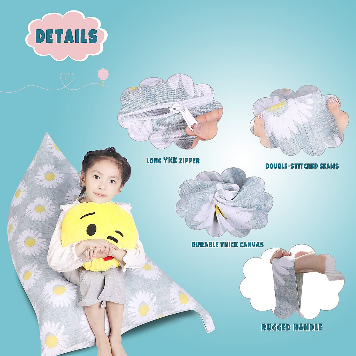 LOLOMLO Stuffed Animal Storage Bean Bag Chair Cover, Canvas Daisy Plush Toy Storage Stuff and Sit Seat for Kids/Teens/Adults, 52" x 31" Extra Large Triangle Floor Sofa Lounger, 200L/52Gal, Cover Only