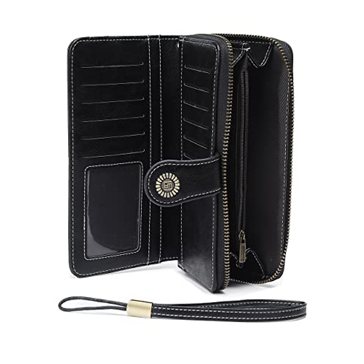 JJUQ Womens Wallet Leather Large Capacity Card Holder Zipper Wristlet Wallets for Women-black