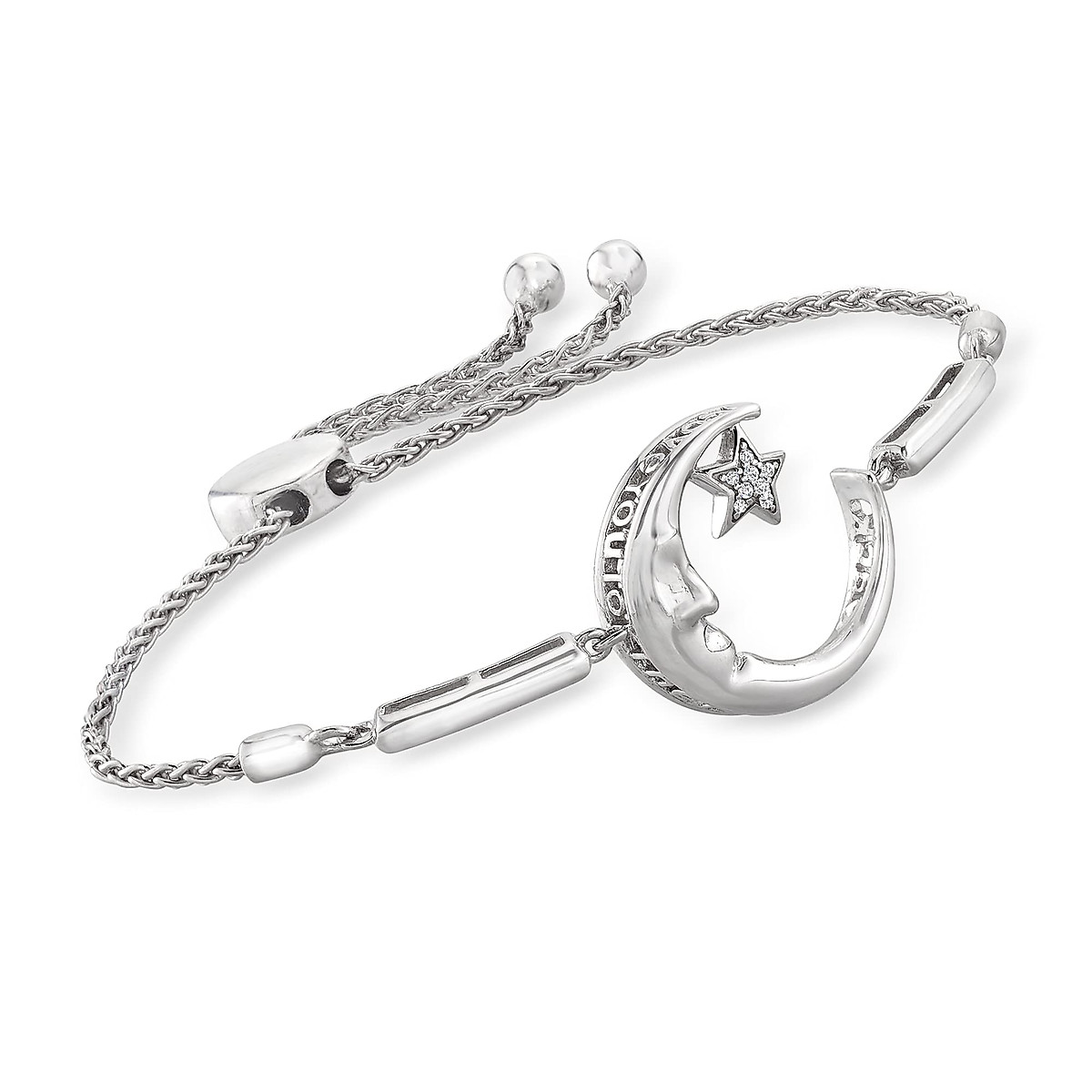 Ross-Simons Diamond-Accented Love You To The Moon and Back Star and Moon Bolo Bracelet in Sterling Silver