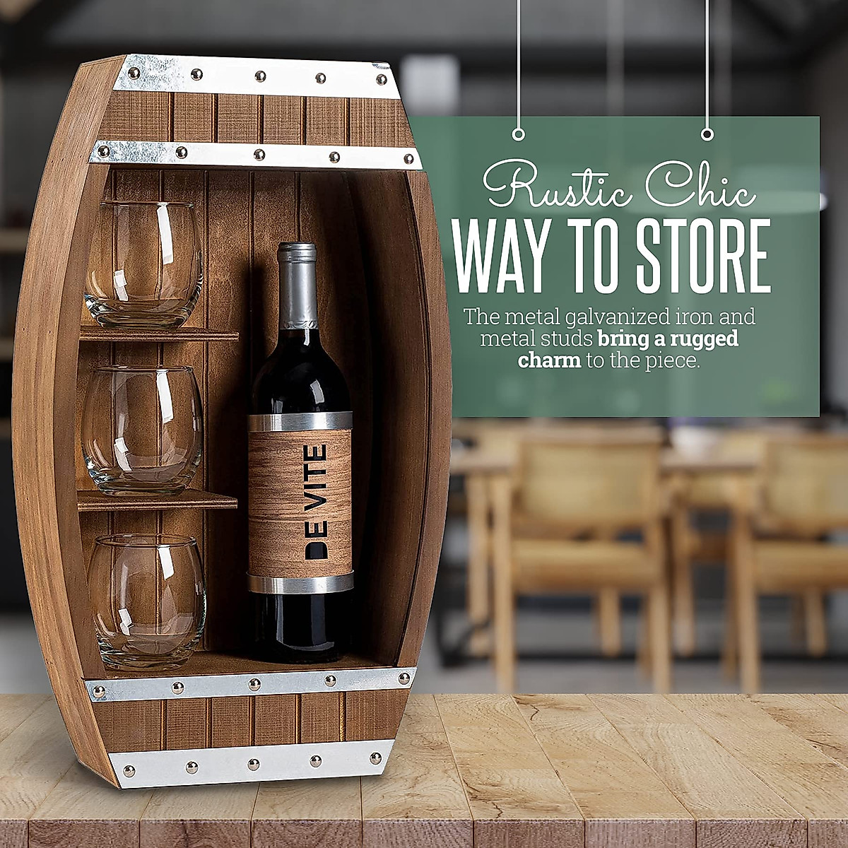 Wooden Wine Barrel Display - Pinewood Display Case with Sliding Cover Ideal for Wine Whiskey Scotch & More - 3 Built-In Shelves for Stemless Wine or Rocks Glasses, A Gift for Wedding or Any Occasion