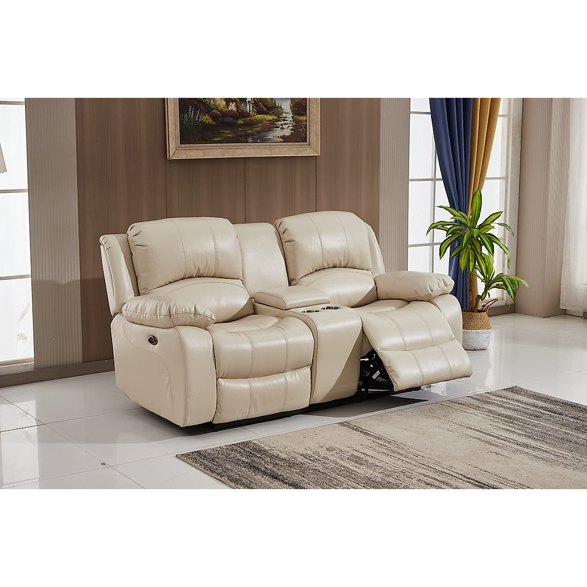 Betsy Furniture Power Reclining Bonded Leather Living Room Set (Beige, Loveseat)