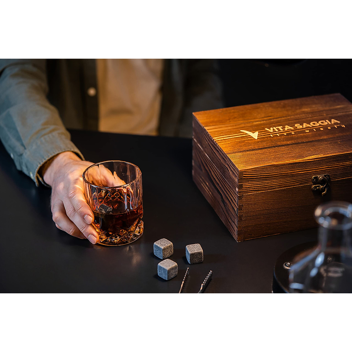 Luxury Whiskey Glass Set of 2, Gift Set in Wooden Box, Includes 8 Whiskey Ice Stones, Velvet Bag and Stainless Steel Tongs. Great Gift for Men, Dad, Christmas. (14)