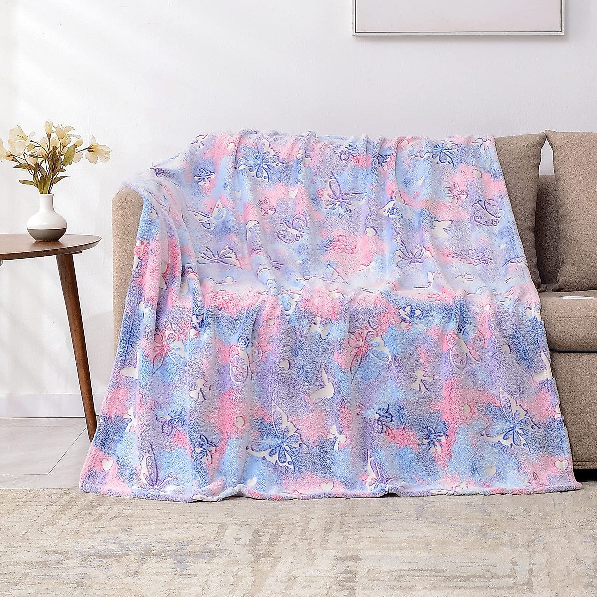 Yaning Glow in The Dark Butterfly Blanket, Soft Cozy Cute Fluffy Luminous Blanket for Kids Girls Teens Gift, Purple, 50x60 inches