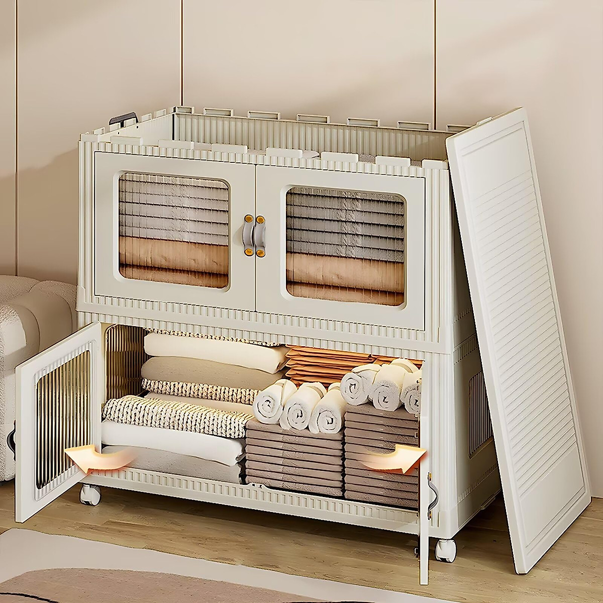 MOPUP 555 Quart Collapsible Storage Bins,3 Packs Plastic White Closet Organizers Storage with Lids,Dual Open Stackable Bins with Wheels for Home and Office