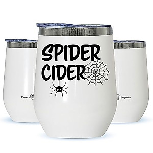 Halloween Tumbler Stemless Wine Glass – 12Oz Wine Tumbler with Straw– Cute Spider Insulated Steel Tumblers Halloween Cup – Spill-Proof, Reusable Halloween Mugs (Modern White - Spider Cider)