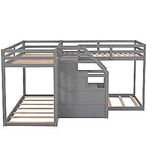 Merax Twin Over Twin L-Shaped Bunk Bed with Built-in Middle Staircase, Twin Size Wooden Bunk Bed for Teen, Grey