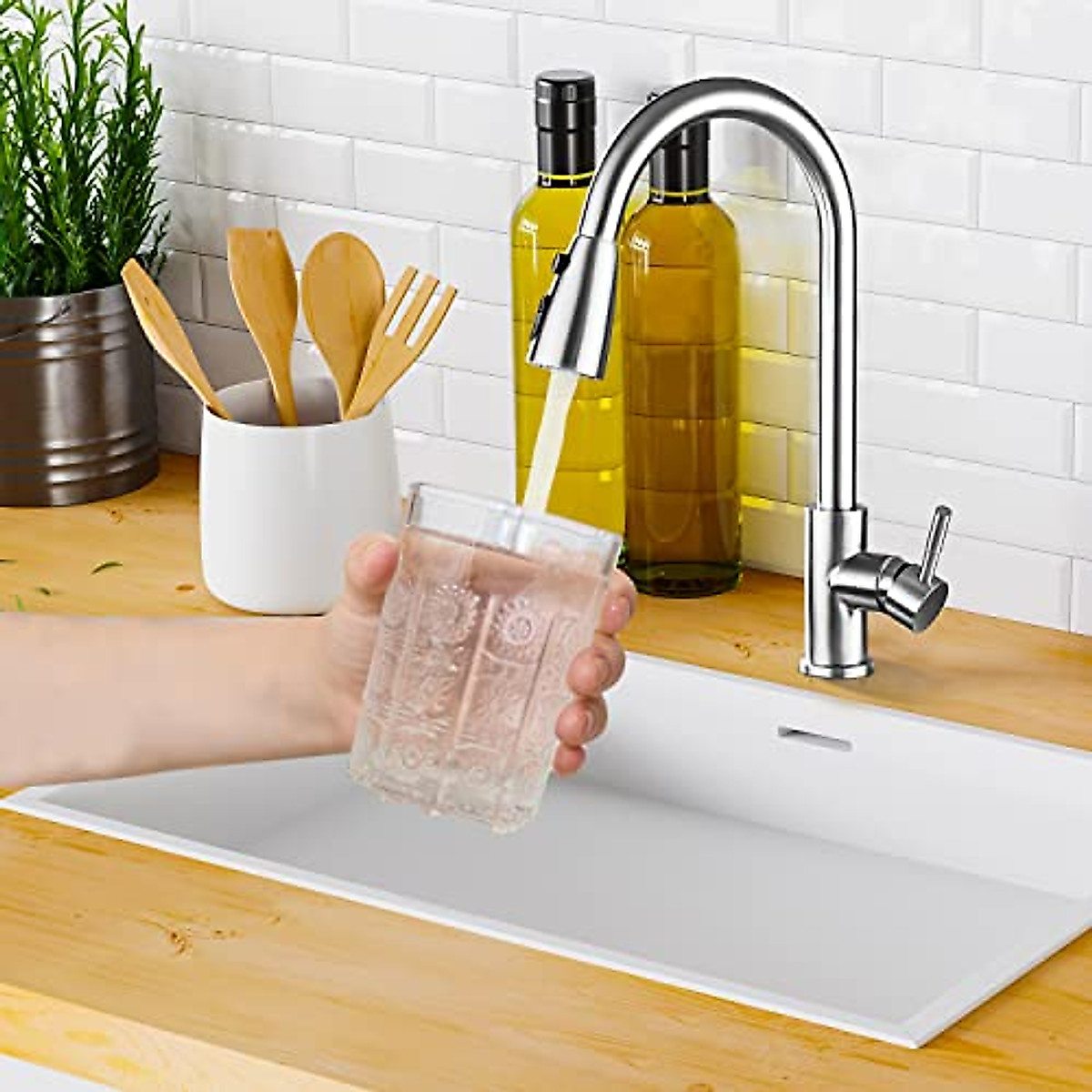 Upgrade Pull Down Kitchen Sink Faucet - Single Handle Kitchen Faucet with Sprayer,Commercial Low Lead High Arc with Deck Plate,Stainless Steel Brushed Nickel