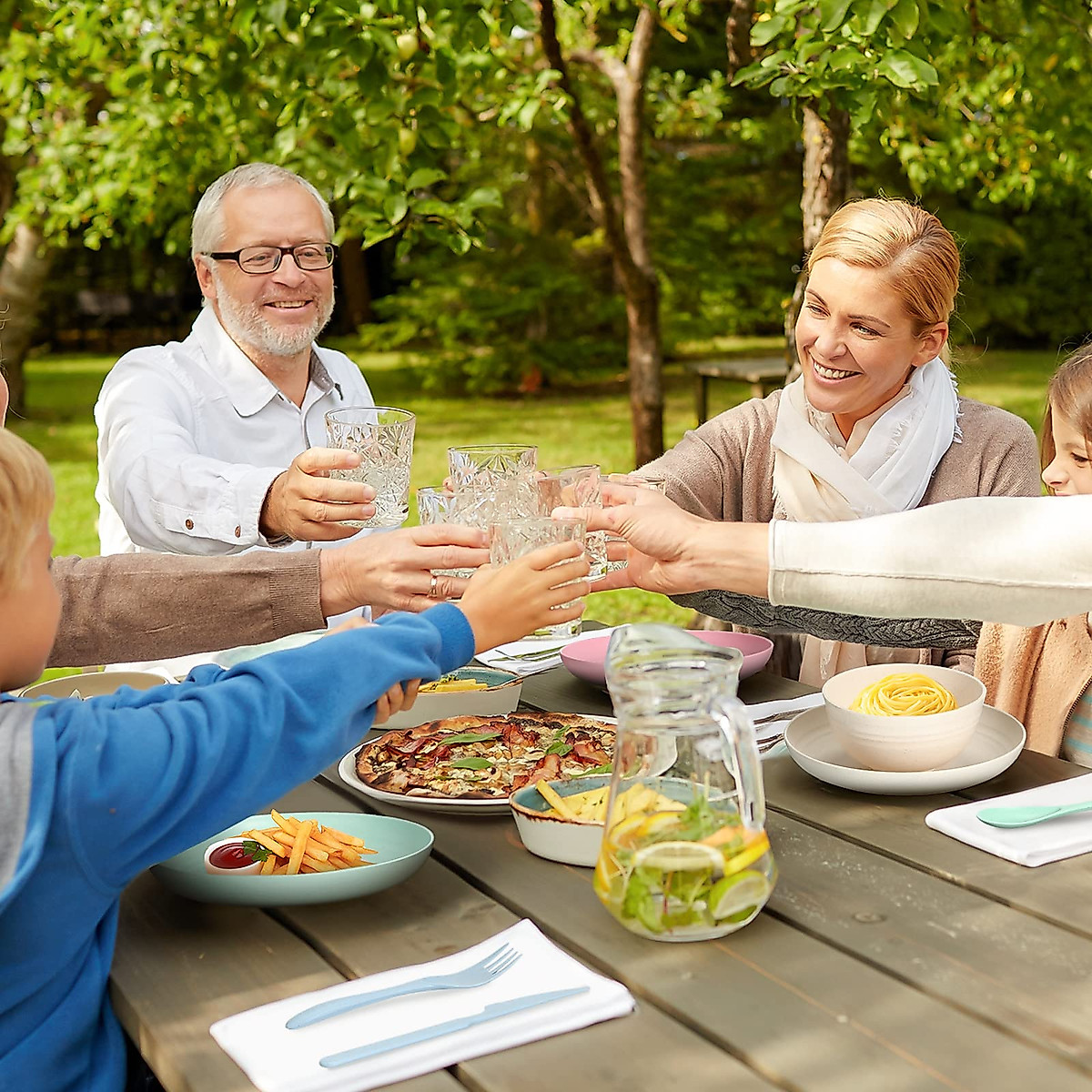 64 Pcs Wheat Straw Dinnerware Sets Unbreakable Dinnerware Set Plastic Dishes Set Reusable Lightweight RV Camping Bowls Dishes Plates Cups Set Microwave Safe Dinnerware for Kitchen Indoor