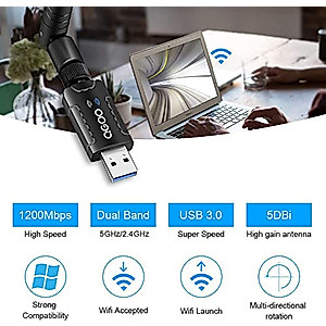 WiFi Adapter for PC, QGOO 1200Mbps USB 3.0 Wireless Network WiFi Dongle with 5dBi Antenna for Desktop/Laptop, Dual Band 2.4G/5G 802.11ac, Support Windows 11/10/8/8.1/7/Vista/XP