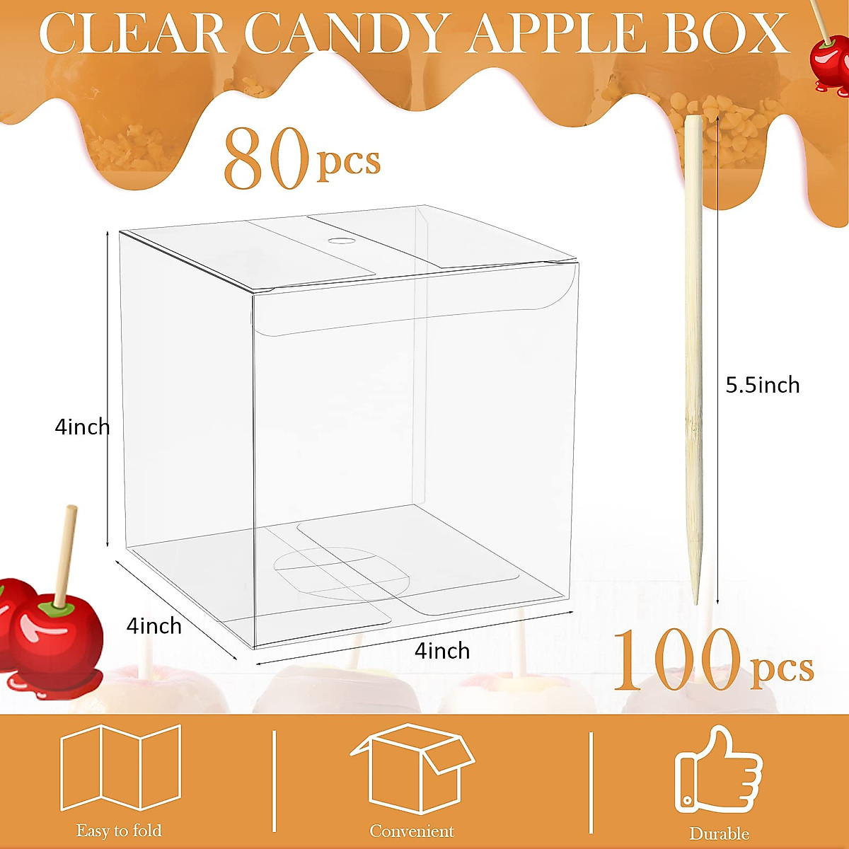 80 Pcs Candy Apple Boxes with Hole and Sticks Clear Candy Boxes for Wedding Transparent Plastic Caramel Apple Boxes for Wedding Baby Shower Party Cake Pops Cookies Chocolates Gift 4 x 4 x 4 Inch