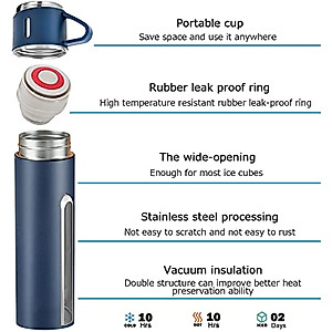 Coffee Thermos Stainless Steel Vacuum-Insulated Water Bottle, 500ml/16.9oz Insulated Bottle with Cup for Hot & Cold Drink Travel Mug (Blue, Three Cup)