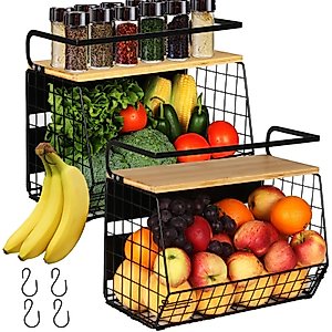 2 Set Magnetic Shelf for Refrigerator with Wood Lid, Fruit Potato & Onion Storage Bins, Pantry Organizers & Storage, Large Container Magnetic Spice Rack for Refrigerator, Kitchen Counter, Cabinet