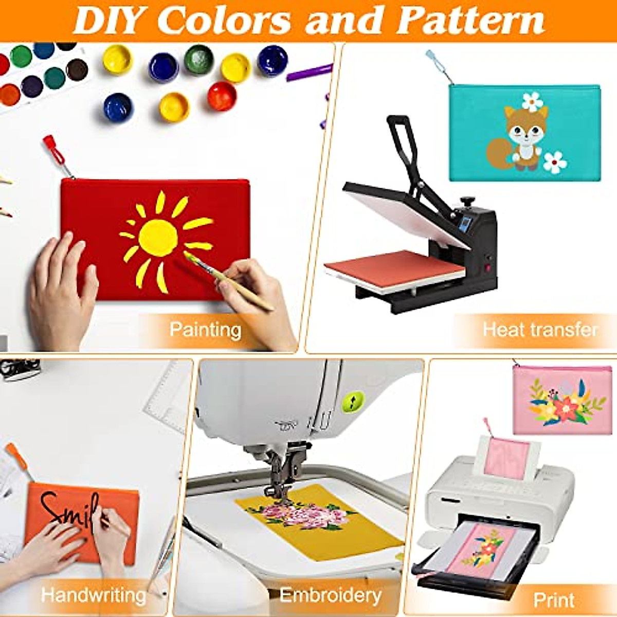 Fassave 12 Pack DIY Craft Cotton Canvas Bag, Multi-Purpose Cosmetic Bag Makeup Pouches with Zipper Travel Toiletry Bag Pen Pencil Bag (Multicolor, L) (D003)