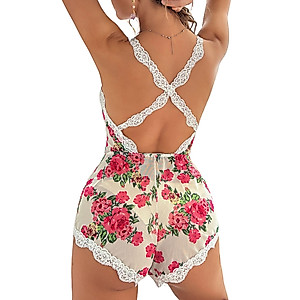 Verdusa Women's Lace Trim Floral Mesh Sleep Romper Pajama Onesie Chemise Nightgown Multicolor L
