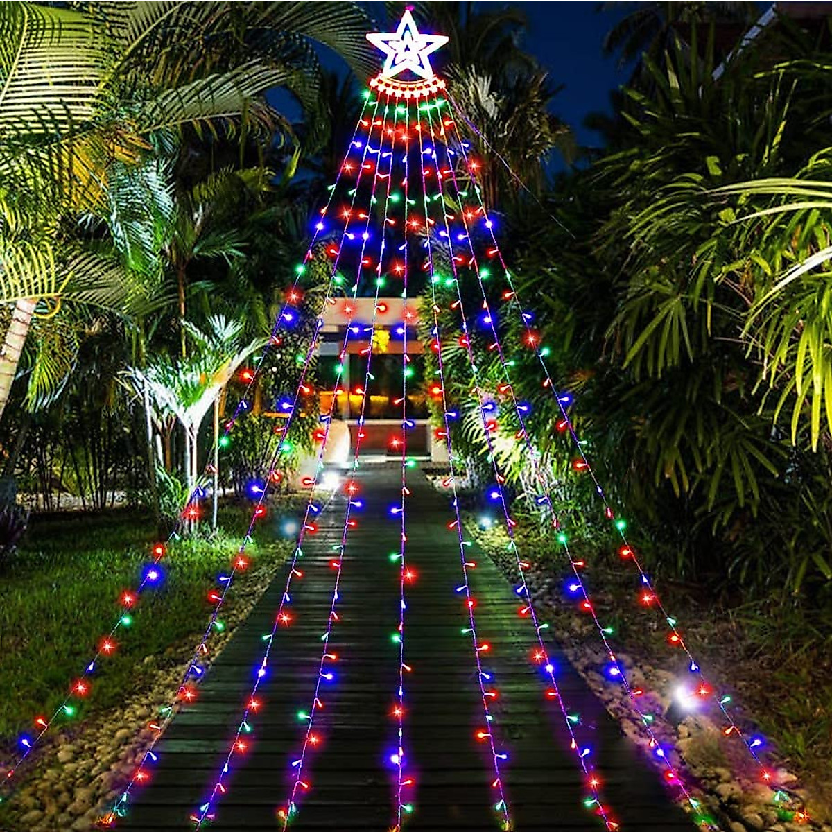 Cobbe Christmas Decorations Outdoor Star String Lights,349 LED 8 Modes with 14" Topper Star Christmas Tree Lights,Star Waterfall Lights for Outside Tree Yard Wedding Home Party WJX-MULTI-1HD