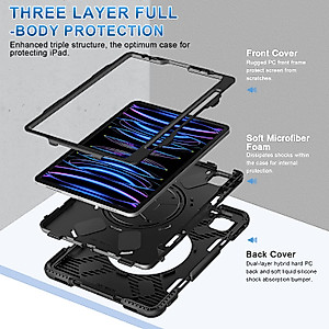 SUPFIVES 2022 iPad Pro 11 inch Case (4th Generation),Upgraded Military Grade Shockproof Silicone iPad Pro 11 4th/3rd/2nd Gen Cover Pencil Holder+ Handle+ Shoulder Strap+ Rotating Kickstand, Black