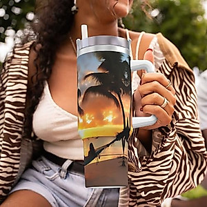 HULIBIN Coconut Beach Sunset Hammock Print Double Deck Stainless Steel Travel Coffee Cup With Lid 40 Oz Ice Bully Cup