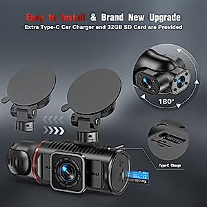 3 Channel Dash Cam Front and Rear Inside, Kussla FHD 1080P Dash Camera for Cars with SD Card, Rotatable Dashcam with Super Night Vision, Loop Recording, G-Sensor, WDR, Motion Detection