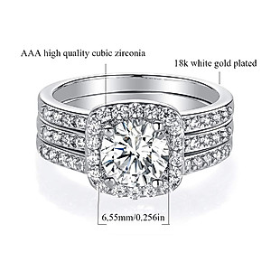 MDFUN 18K White Gold Plated Cubic Zirconia Three-in-One Halo Wedding Engagement Promise Eternity Ring for Women (10)