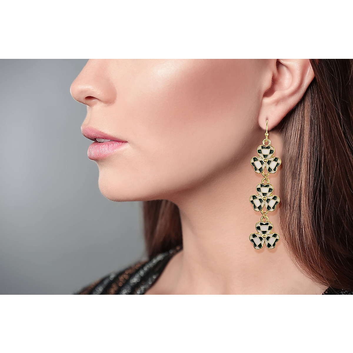 St Patrick's Shamrock Earrings for Women, Unique Green and White Luck Clover Jewelry, Charm Irish Party Gift