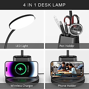 Vicsoon LED Desk Lamp with Wireless Charger, Desk Lamp for Home Office with Pen Phone Holder, Flexible Arm Dimmable 3 Color Modes Eye Caring Small Study Desk Light for College Dorm, 800 Lumens CRI 90