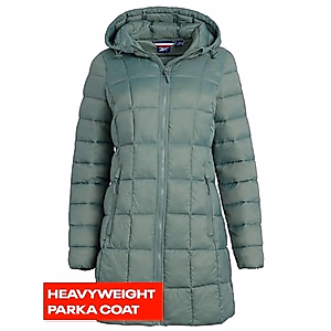 Reebok Women's Winter Jacket - Long Length Quilted Puffer Parka - Heavyweight Outerwear Coat for Women (S-XL), Size Medium, Sage