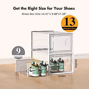 Kuject XX-Large Highly Transparent Shoe Boxes Clear Plastic Stackable with Lids for Sneaker, Shoe Storage Organizer Container for Display, Shoe Organizer for Closet, Fit Size 13(14.41"x 9.88"x7.28")