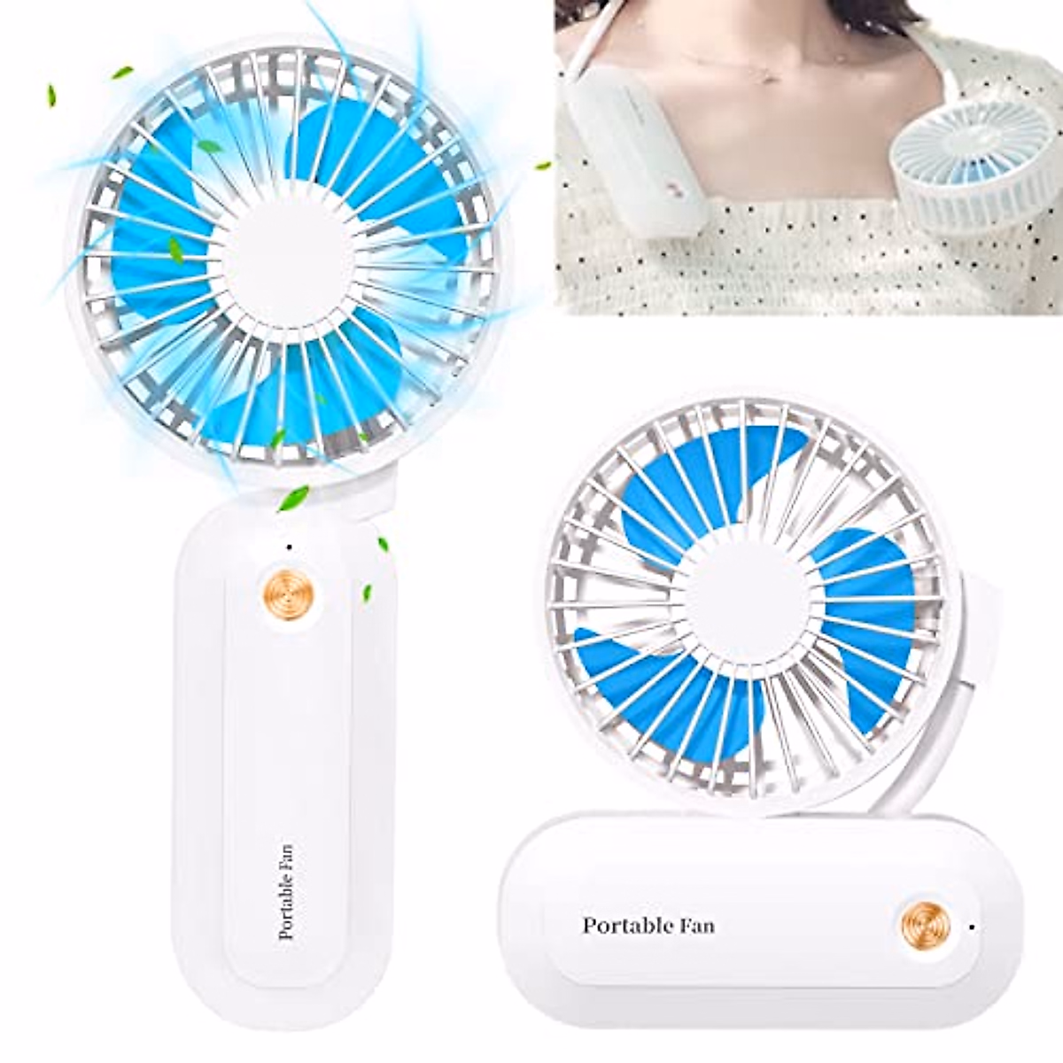 LIKEMIC Mini Handheld Fan, Portable Fan for Travel Stroller Rechargeable, Handheld / Neck Hanging / Winding / Desktop 4 in 1 Versatile Fan, 3 Speeds, 4-10 Hours Working Times, Quiet(Blue)