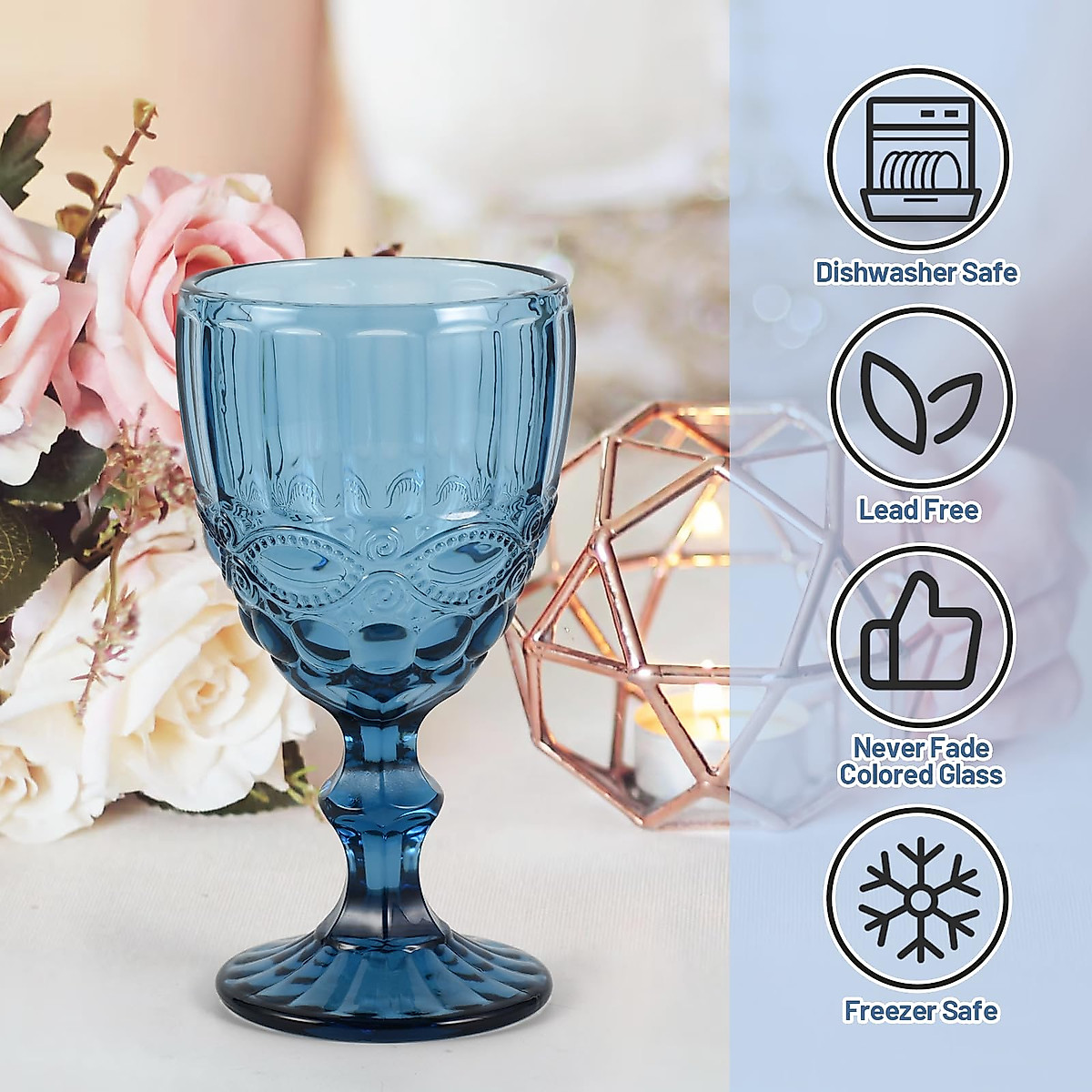 Wongblee Vintage Glass Goblets 10.8 Oz, Embossed Stemmed Glasses, Assorted Colored Drinking Glasses for Wine, Water, Juice, Beverage, Set of 4