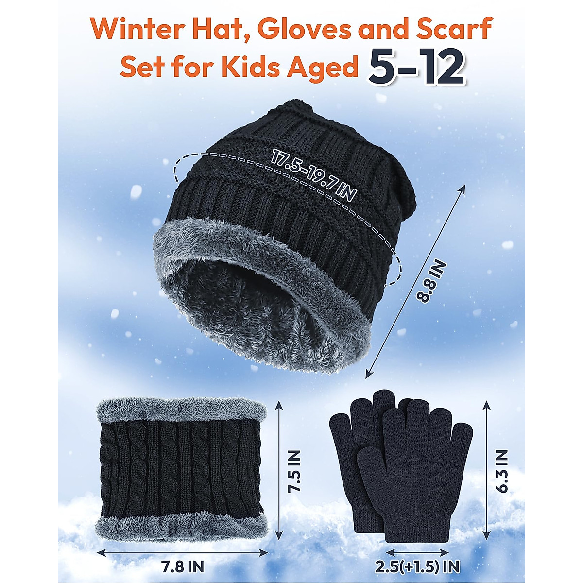 EAONE Kids Winter Hat Gloves Scarf Set, Knitted Toddler Beanie Cap, Mitten Gloves, and Neck Warmer for Boys Girls Aged 5-12