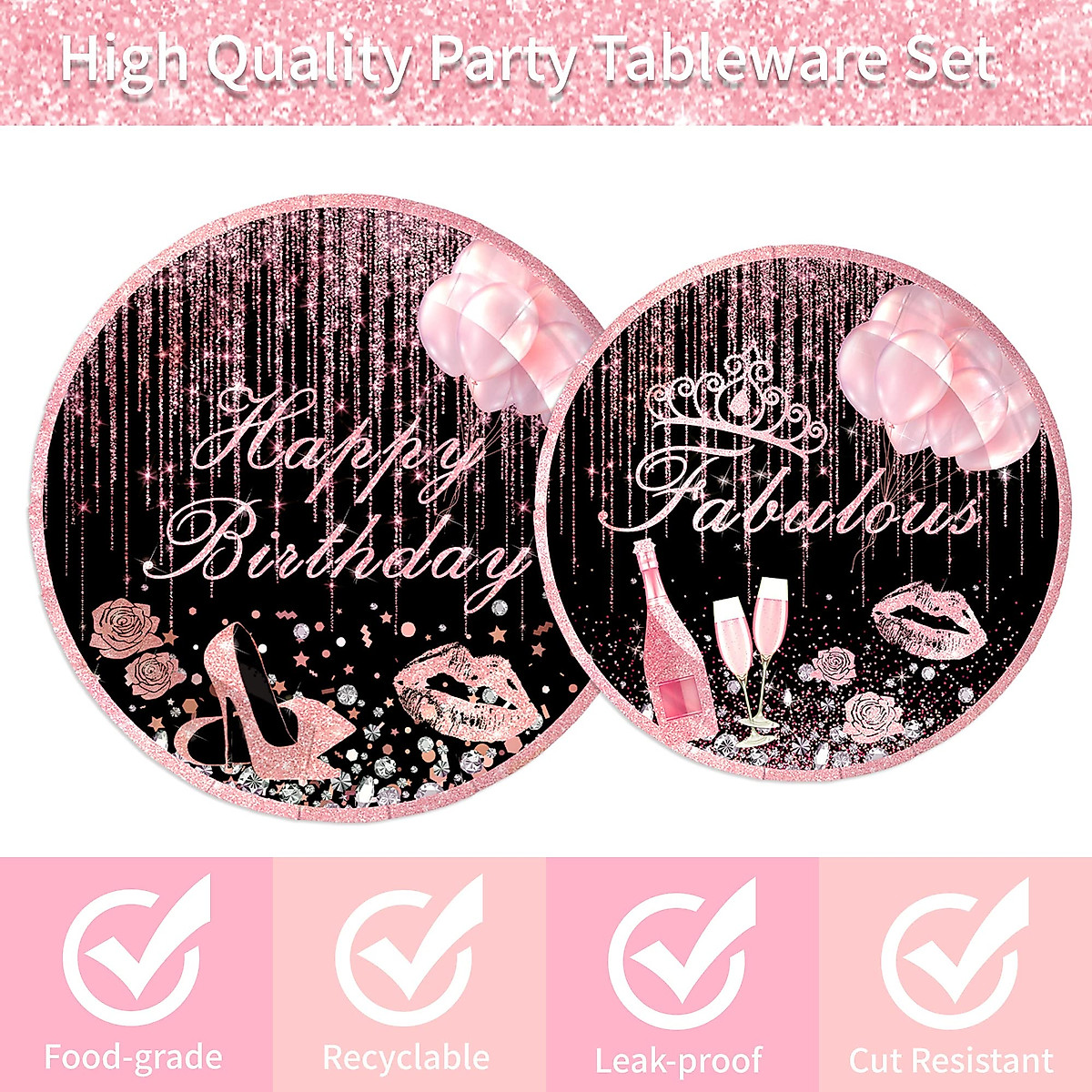 Oigco Women Rose Gold Black Birthday Party Plates Napkins Birthday Party Supplies Pink Girls Paper Tableware Set Birthday Decorations 24 Guests