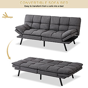 MUUEGM Futon Convertible Sofa Bed, Memory Foam Sleeper Couch,Modern Loveseat for Living Room,Adjustable Armrests Backrest Sofabed, Dark Grey,Fabric.