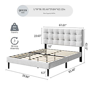 UNIZONE Queen Size Bed Frame with Button Tufted Upholstered Headboard, Linen Platform Bed with Wood Slats Support, Mattress Foundation, No Box Spring Needed, Easy Assembly, Light Grey