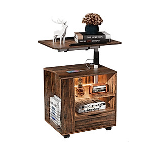 dnbss LED Nightstand with Charger Station, Swivel Top Bedside Table with Wheels, Smart Night Stand with Laptop Table Workstation for Bedroom, Modern End Side Table (Brown)