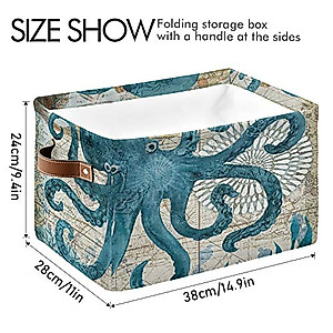 Glaphy Octopus Nautical Old Map Storage Basket Bin Foldable Nursery Toy Basket with Handles for Home Office Bedroom（Rectangular）
