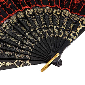 Innolife Elegant Colorful Embroidered Flower Peacock Pattern Sequin Fabric Folding Handheld Hand Fan Hand-Crafted (Red)