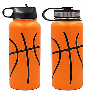 32 oz Basketball Water Bottle, Wide Mouth Thermo Flask with 2 Lids, BPA Free Stainless Steel Double Wall Vacuum Insulated Sports Water Bottles, Basketball Gifts for Boys Girls Player Coach