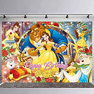 Beauty and The Beast Backdrop Birthday Banner for Princess Belle Birthday Party Supplies Princess Belle Photograph Background Photo Booth 5x3ft