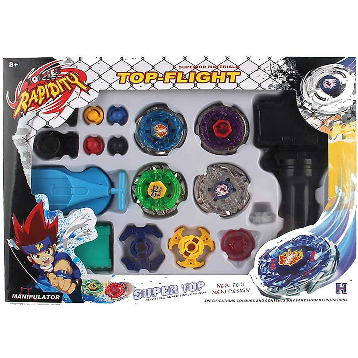 Bey Metal Fusion Blades Burst Turbo Evolution Battling Tops Master Starter Set Storm Pegasus/Flame Libra/Earth Eagle/ Lightning L-Drago with 4D Spinning Launcher Grip,Burst Gyro Toy Set Gift for Boys