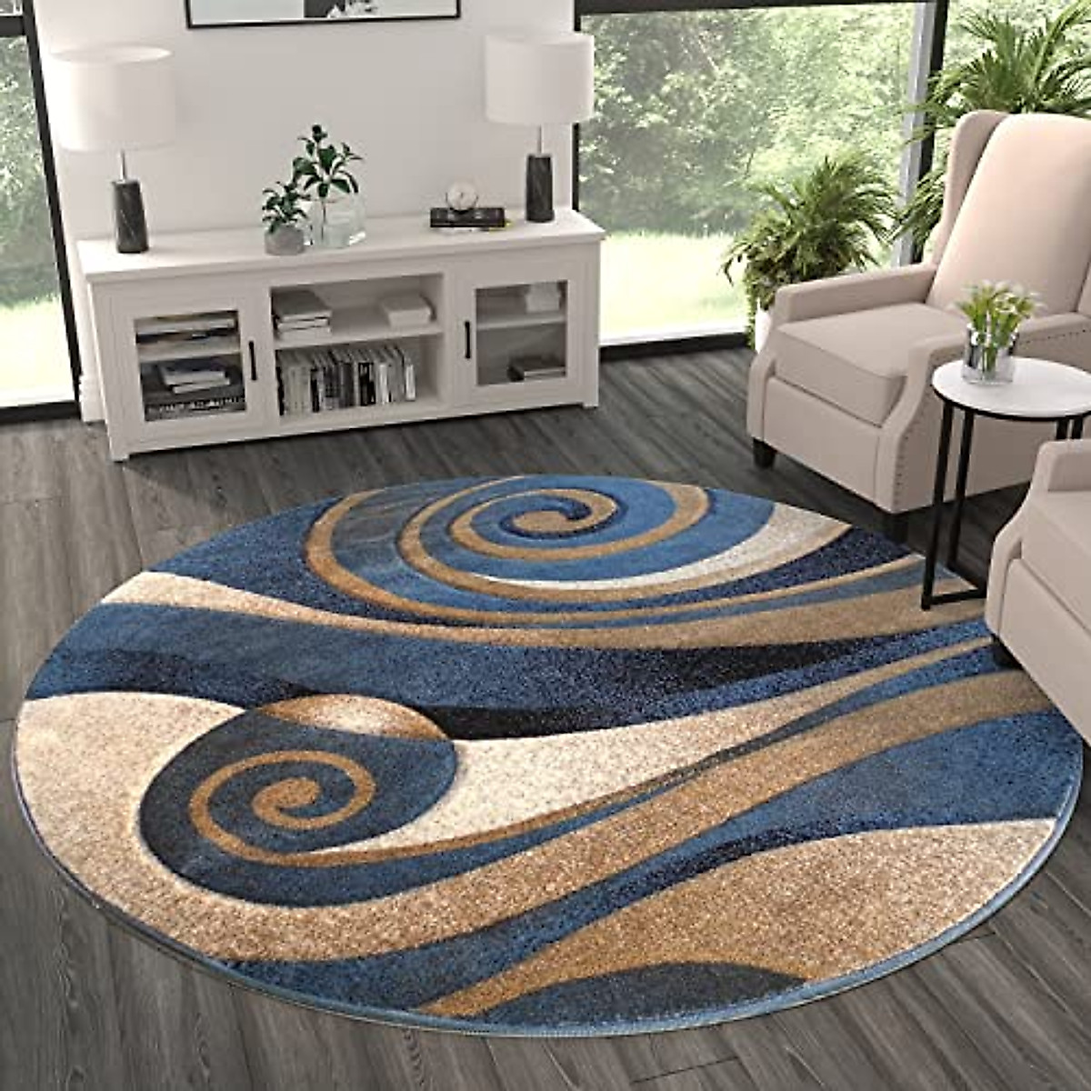 Masada Masada Rugs 8'x8' Round Modern Sculpted Area Rug in Blue - Design Sculpture 258